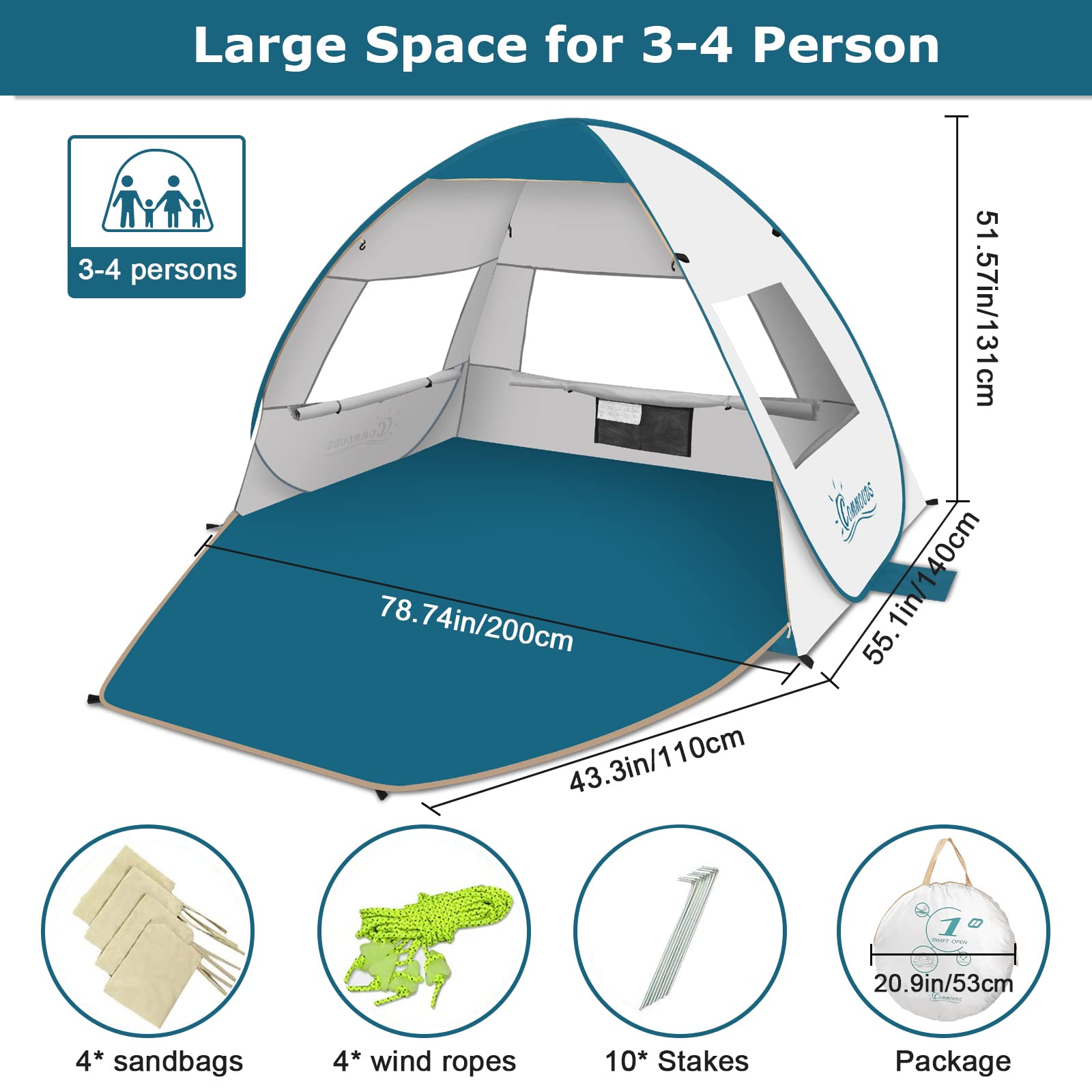 COMMOUDS Large Pop Up Beach Tent for 3-4 Person, UPF 50+ Beach Sun Shade, Automatic Beach Sun Shelter Umbrella with Carry Bag, Lightweight and Easy Set Up