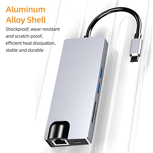 ERYUE 8-in-1 Type-C Hub USB-C Converter Aluminum Alloy Shell 2*USB3.0+1*PD+1*HD+1*VGA+1*100M RJ45 Port+SD/TF Card Slots
