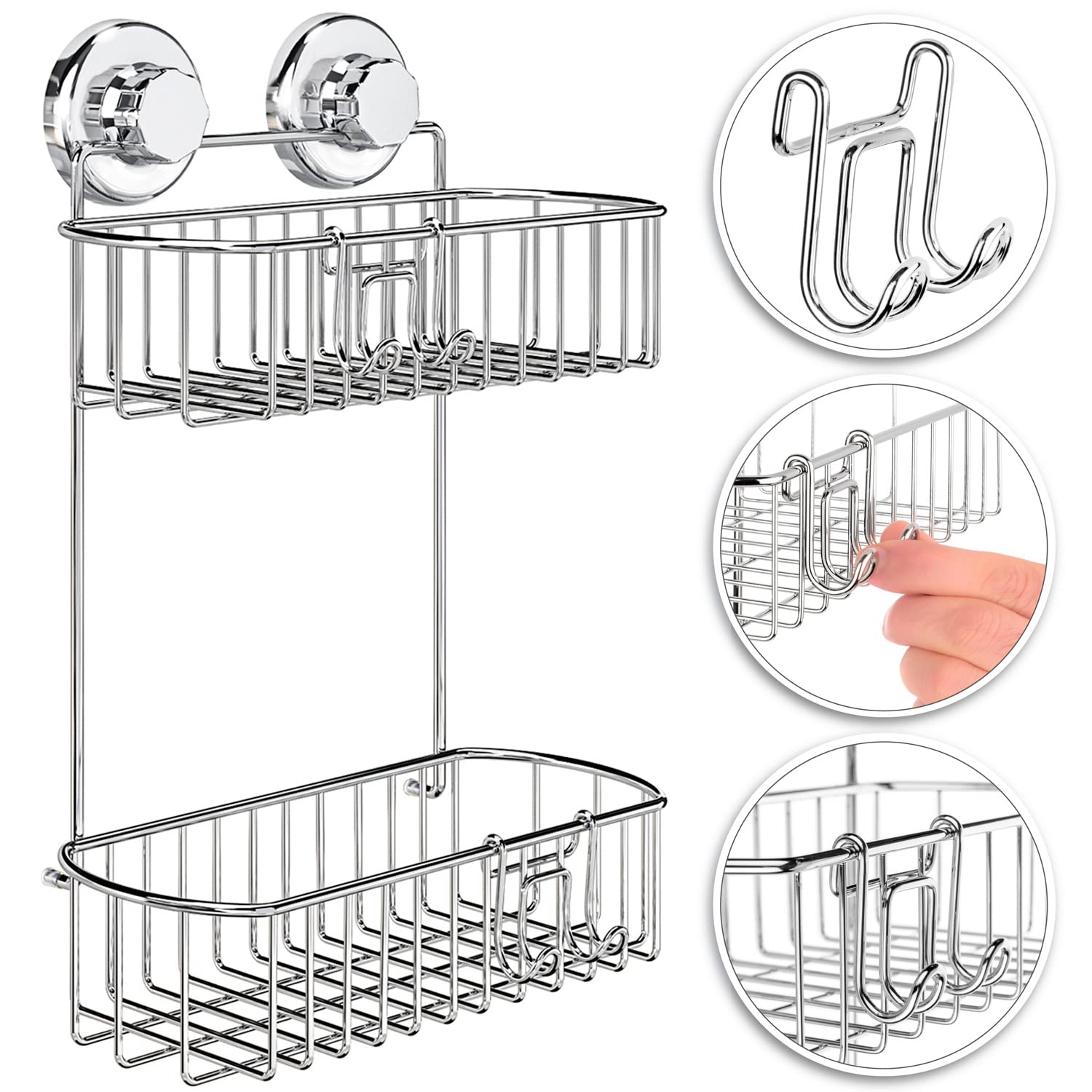 HASKO accessories - Shower Caddy with Suction Cup - 304 Stainless Steel 2Tier Basket for Bathroom - Rustproof (Chrome)