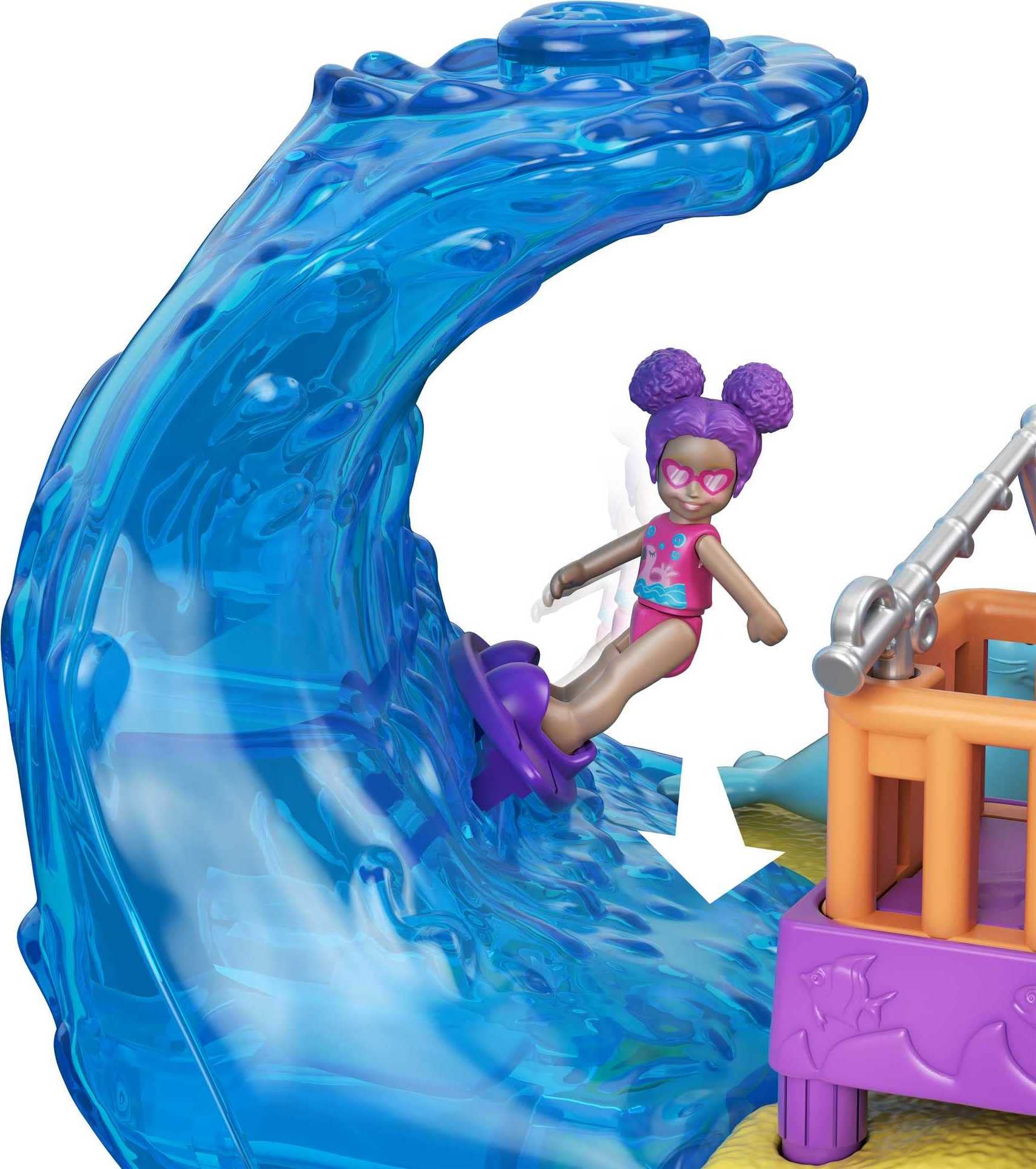 Polly Pocket Pollyville Playset, Sunshine Beach with Micro Doll, Seal Figure, Flamingo Toy Boat & Accessories