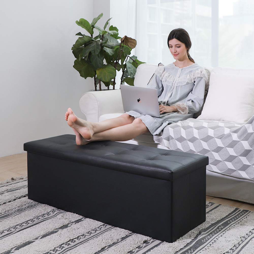 Camabel 43 Inch Folding Storage Ottoman Bench Cube Hold up 700lbs Faux Leather Long Ottoman with Storage Foam Seat Footrest Padded Bed Storage Bench for Bedroom Coffee Table Rectangular Black BG363