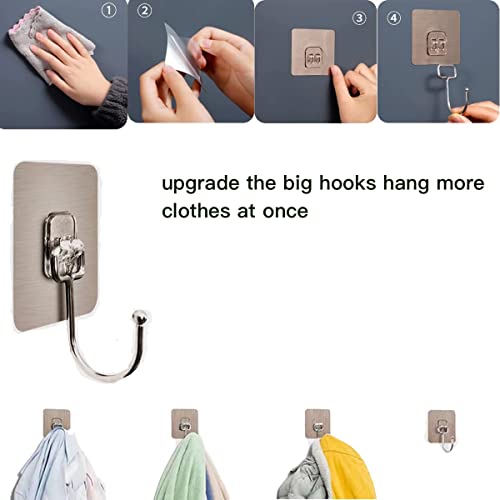 Large Adhesive Hooks 22LB(MAX),Waterproof and Rustproof Wall Hooks for Hanging Heavy Duty,Stainless Steel Towel Door and Coat Hooks for Kitchen, Bathroom, (10, 2.76*2.76 inch)