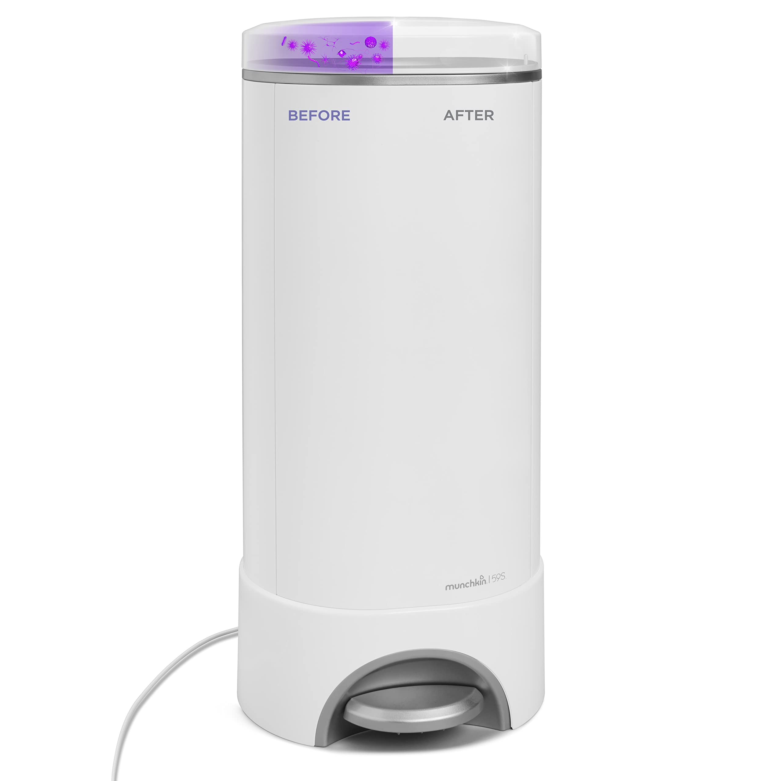 Munchkin® UV Diaper Pail #1 in Odor Control, LED UV Lights Kills 99% of Germs and Odor Causing Bacteria on Lid Surface, Includes 1 UV Snap, Seal & Toss™ Bag and 3 UV Refill Rings