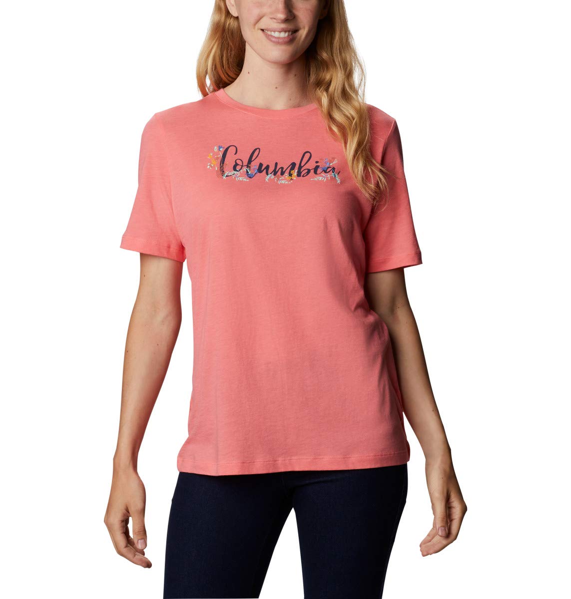 Columbia Women's Bluebird Day Relaxed Crew Neck, Blossom Pink Heather/Outlined Brand, X-Large