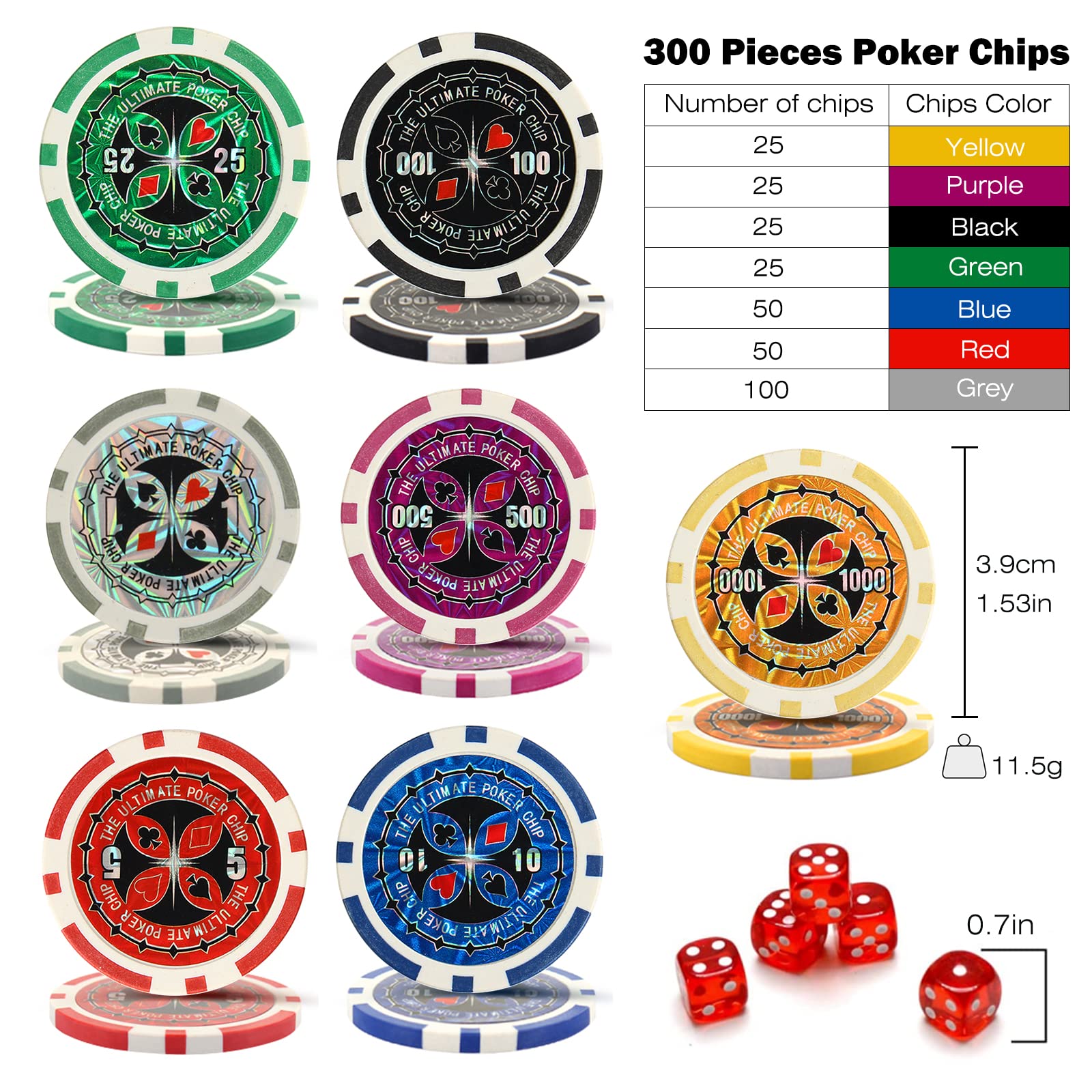 display4top Poker Chips Set, 300PCS Poker Chips with Denominations,Casino Poker Sets with Aluminum Case, 11.5 Gram Chips for Texas Holdem Blackjack Gambling