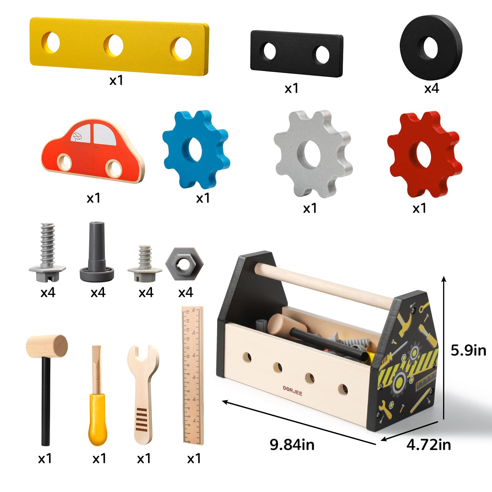 Dorjee Kids Kitchen Tool Set with Accessories, Wooden Toy Tools for Toddler Age 3-5 Pretend Play, Take-Along Construction Toys for Preschool Learning Activities, Easy to Organizer and Storage,Black