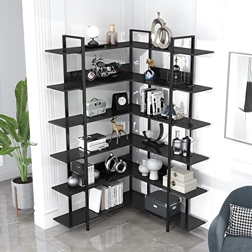 Lifeand 70.8''H Bookshelf MDF Boards Stainless Steel Frame, 6-Tier Shelves with Back&Side Panel, Adjustable Foot Pads, Black