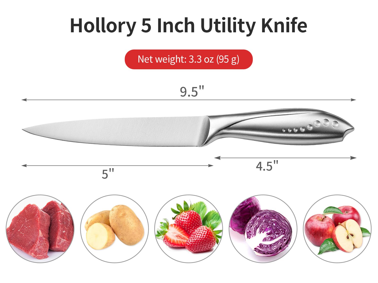 Hollory 5 Inch Kitchen Utility Knife, German High Carbon Stainless Steel Blade and Full Tang Handle, Fruit and Vegetable Cutting Chopping Carving Knives-Silver