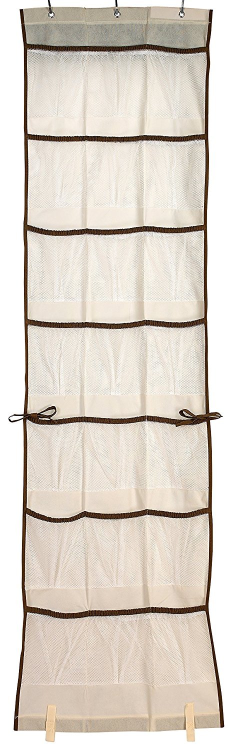 Over the Door Organizer - 42 Pockets - The beige fabric with brown trim is an attractive over door storage addition to any room. Three over the door hooks are included so there’s no assembly required