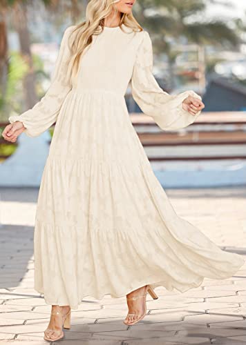 MITILLY Women's Elegant Floral Long Sleeve Round Neck Smocked A-Line Flowy Tiered Maxi Dress with Pockets Medium Apricot