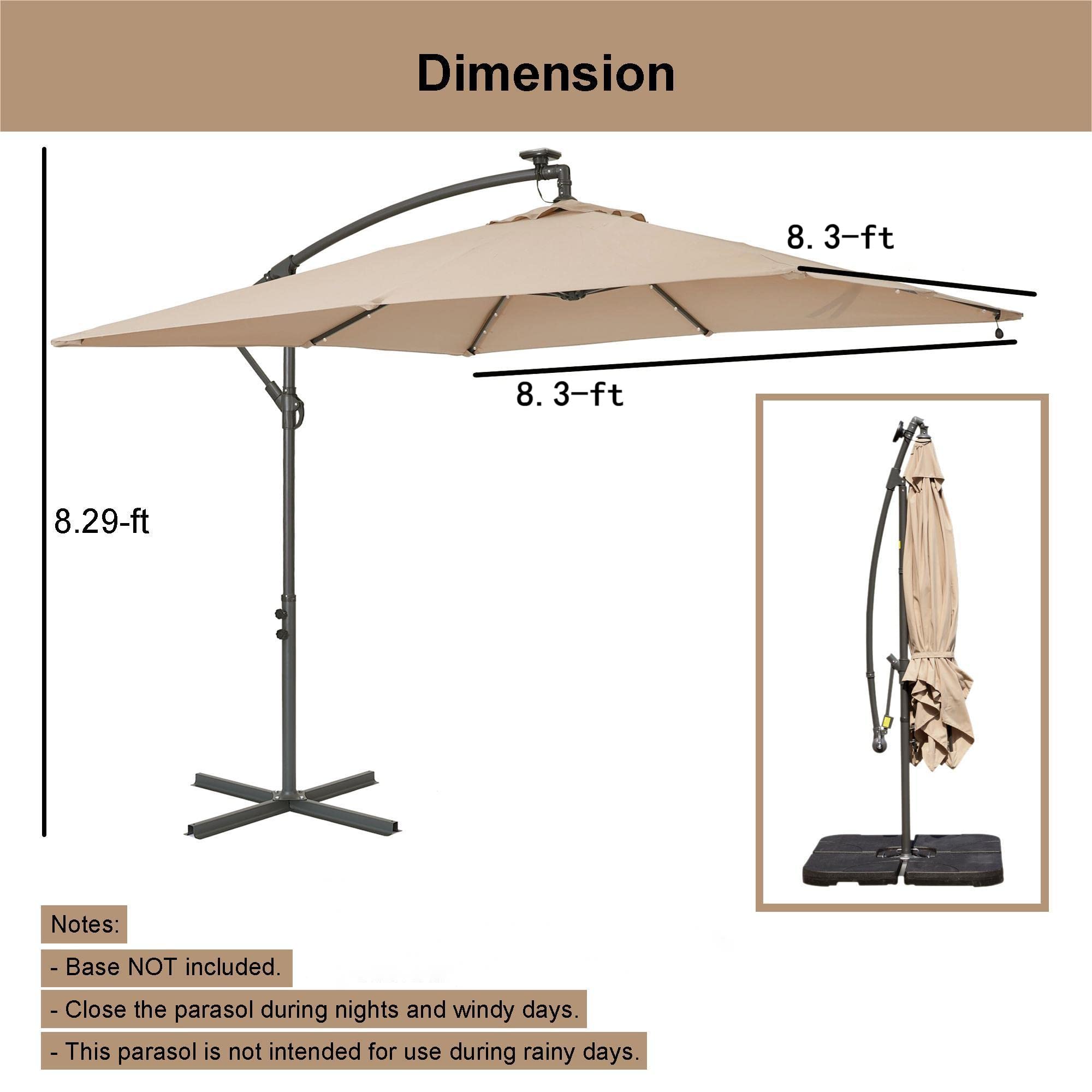 CASAINC 8.3FT Solar LED Patio Umbrella Offset Hanging Outdoor Umbrella for Market Lawn Graden Backyard Balcony, Crank/Tilt, Multi Angle Adjustment (without Umbrella Base)-Beige