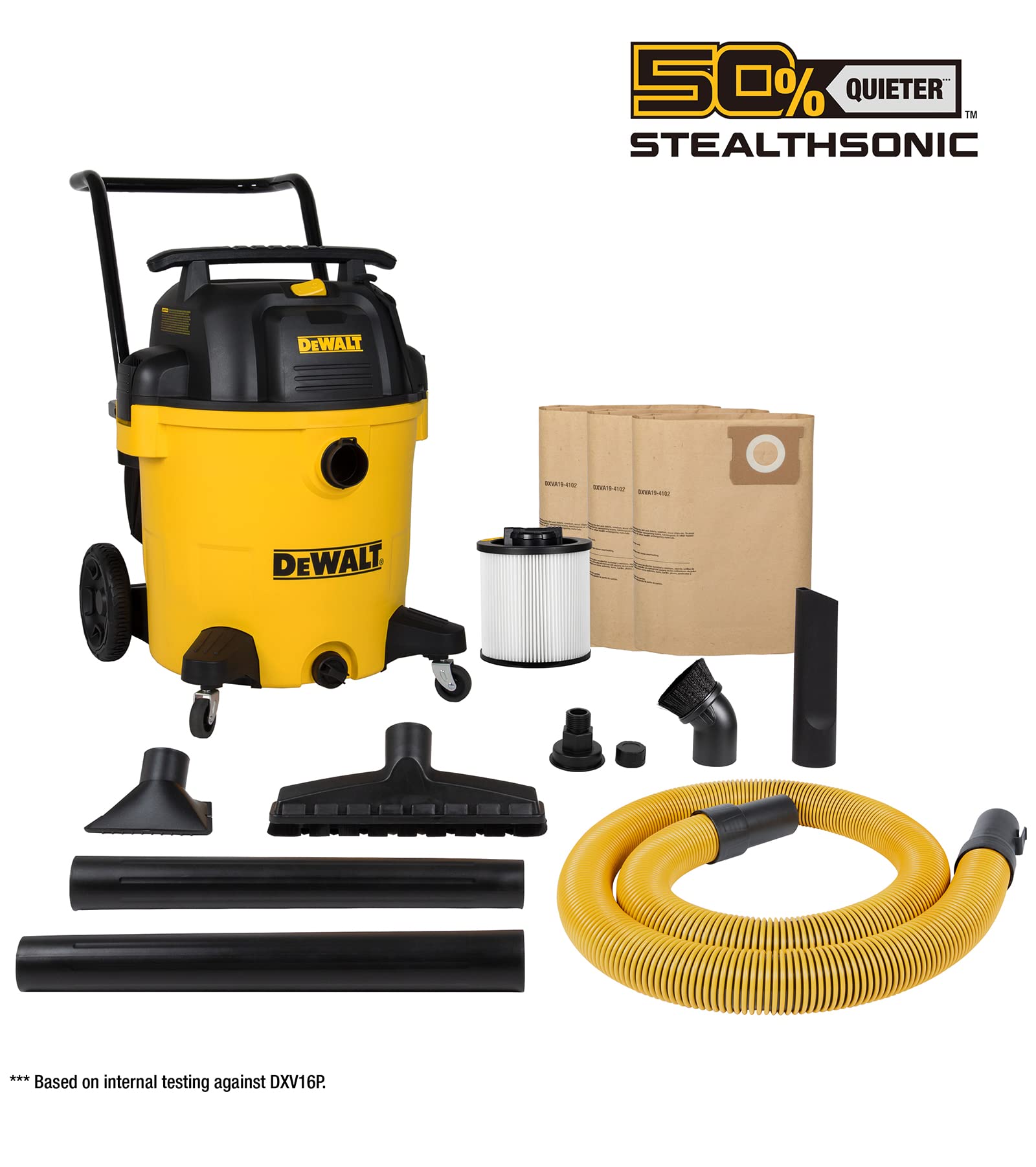 DEWALT 16 Gallon STEALTHSONIC Poly Wet/Dry Vacuum, DXV16P-QTA Noise Reduction Heavy Duty Shop Vacuum for Jobsite/Workshop, Reduce Motor Noise, Yellow