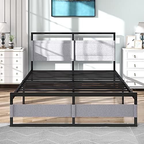 LIFERECORD Queen Metal Platform Bed Frame with Headboard and Pocket, Heavy Duty Steel Slat Bed No Box Spring Needed Noise Free Modern