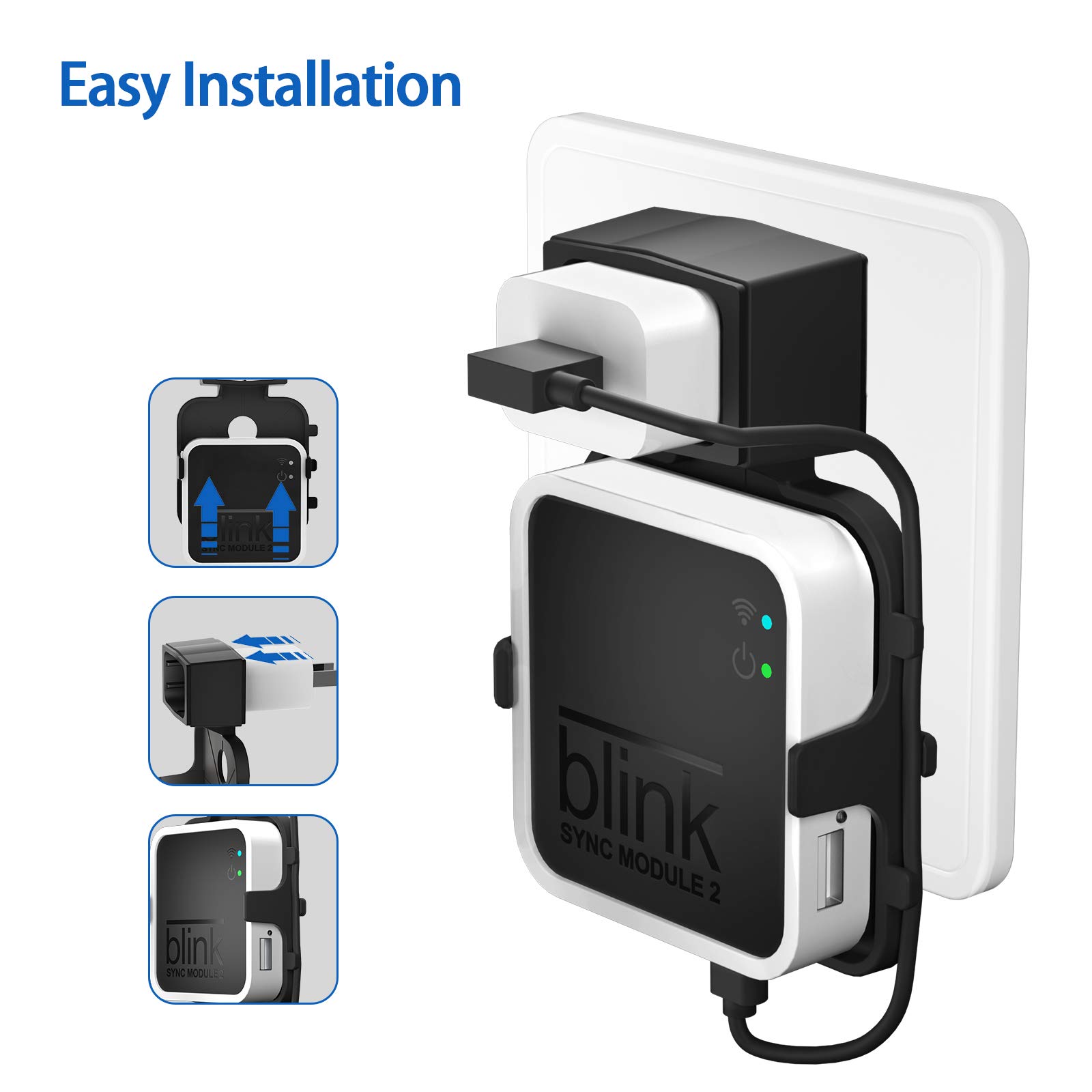 VOMENC Outlet Wall Mount Hanger for Blink Sync Module 2, Mounting Bracket Holder for Blink Outdoor and Indoor Security Camera Mount with Cable (Black 2Pack)