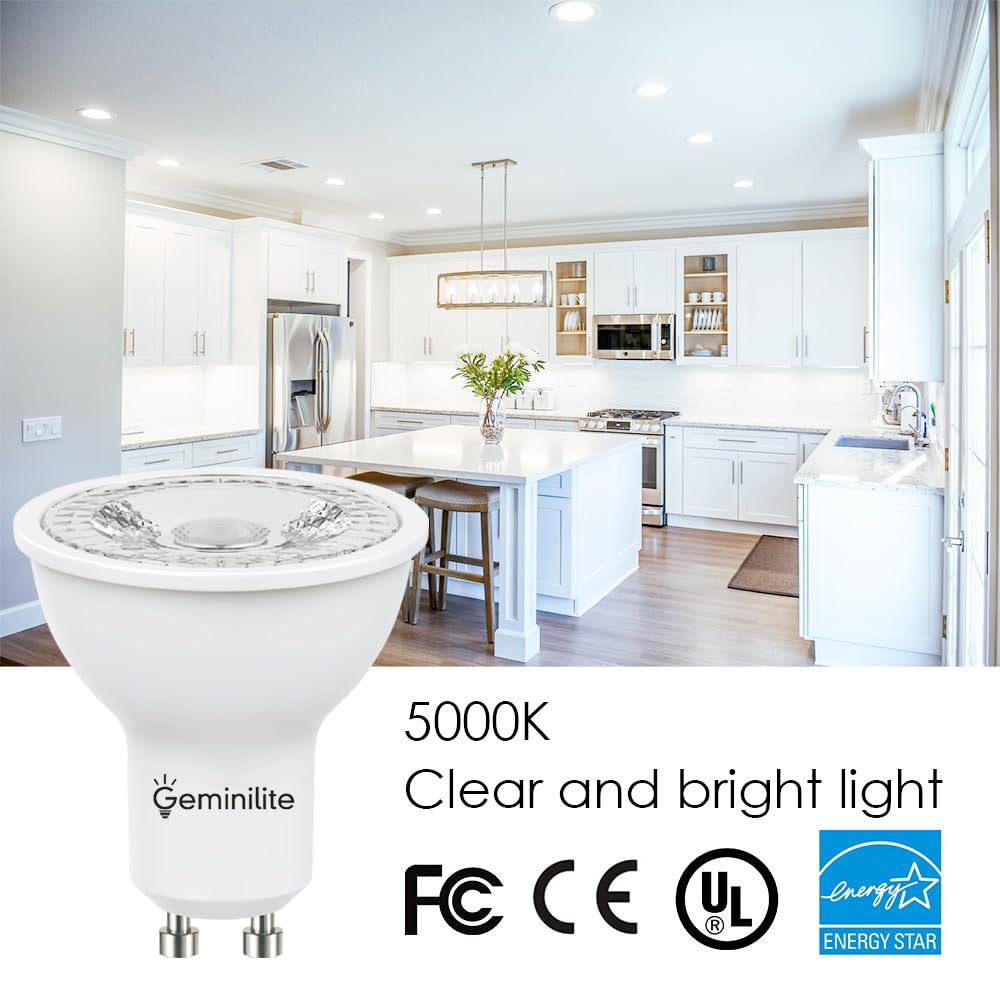 Geminilite GU10 LED Light Bulb 5000K Daylight White Spot Light 7W (50W Equivalent) Replacement 510LM Ceiling recessed Lighting, No Dimmable 38° Spotlight for Kitchen, Range Hood, 6 Pack