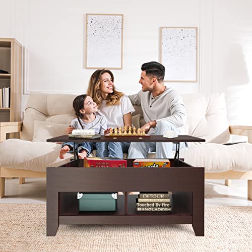 Lifetime Home Upgraded Lift Top Coffee Table with Hidden Compartment and Storage Shelf - Living Room Dining Table with Rising Tabletop Lifttop Desk for Apartment, Home, Condo - Espresso
