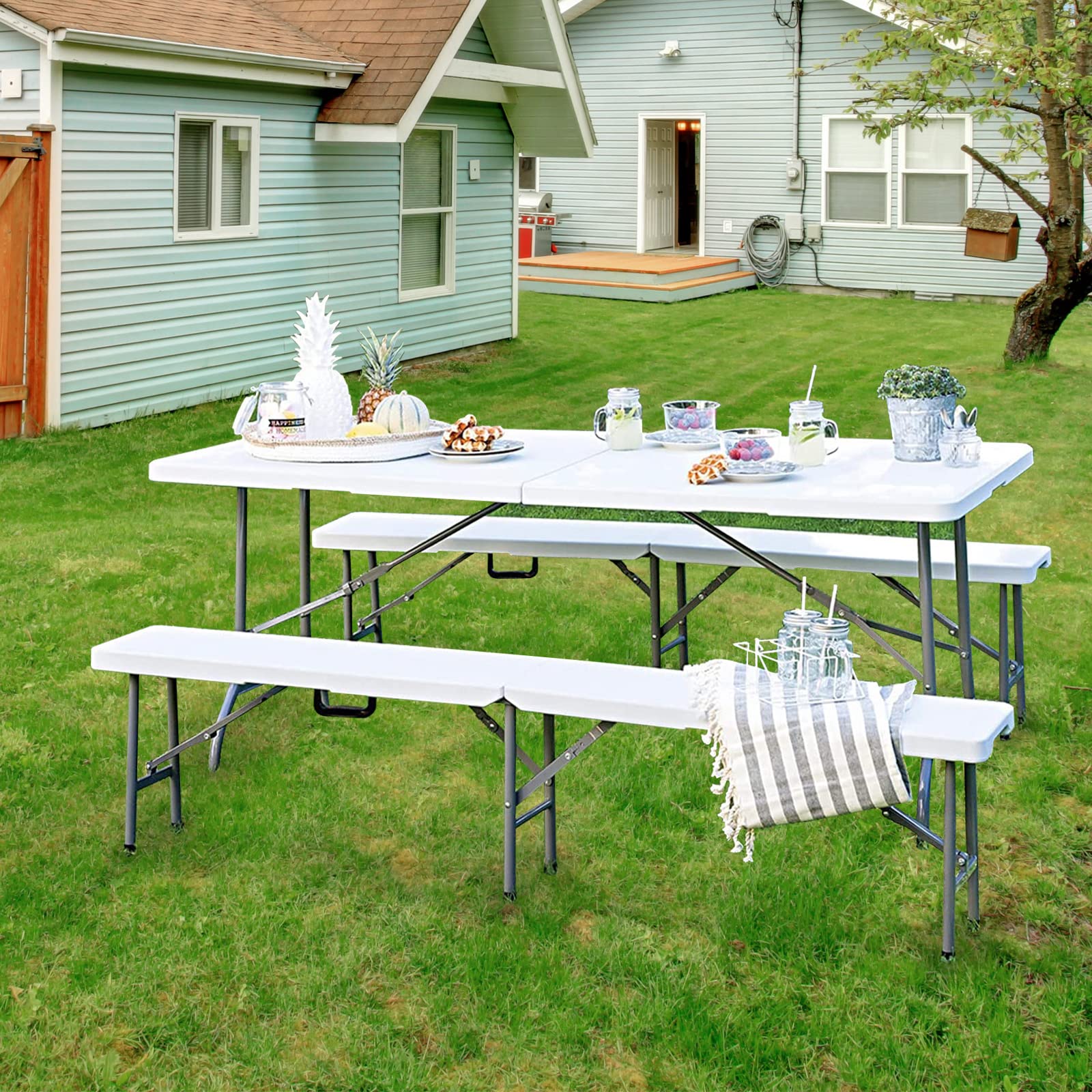Byliable Folding Table 6ft Portable Heavy Duty Plastic 6 Foot Utility Foldable Table Plastic Dining Table Indoor Outdoor for Camping, and Party, White