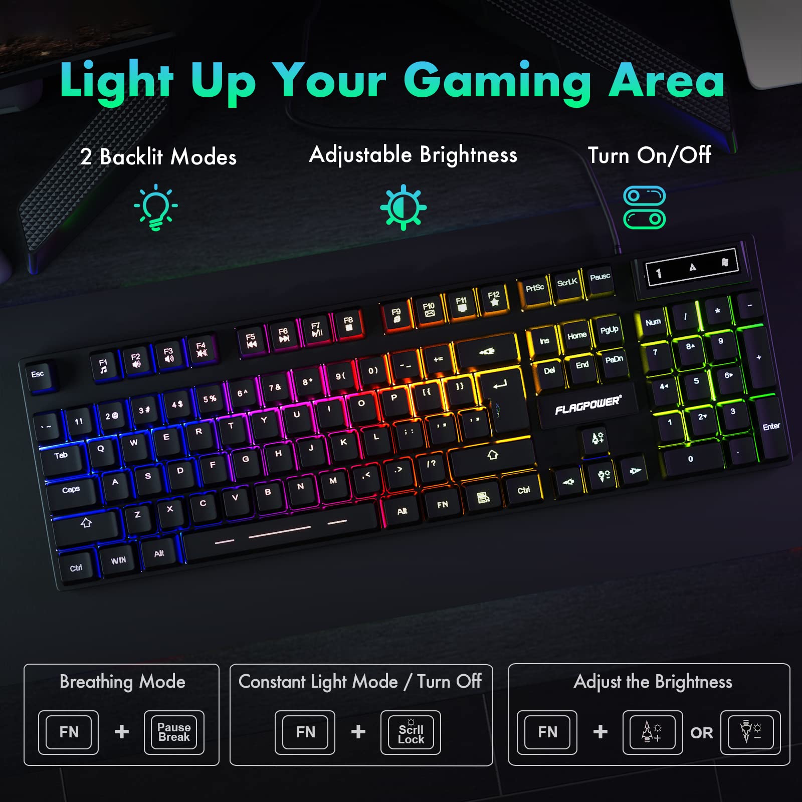 FLAGPOWER RGB Gaming Keyboard and Breathing Mouse Combo, Adjutable Breathing Backlit Mechanical Feeling Keyboard with 4 Colors 4800DPI Backlight Mouse for PC Laptop Computer Game and Work