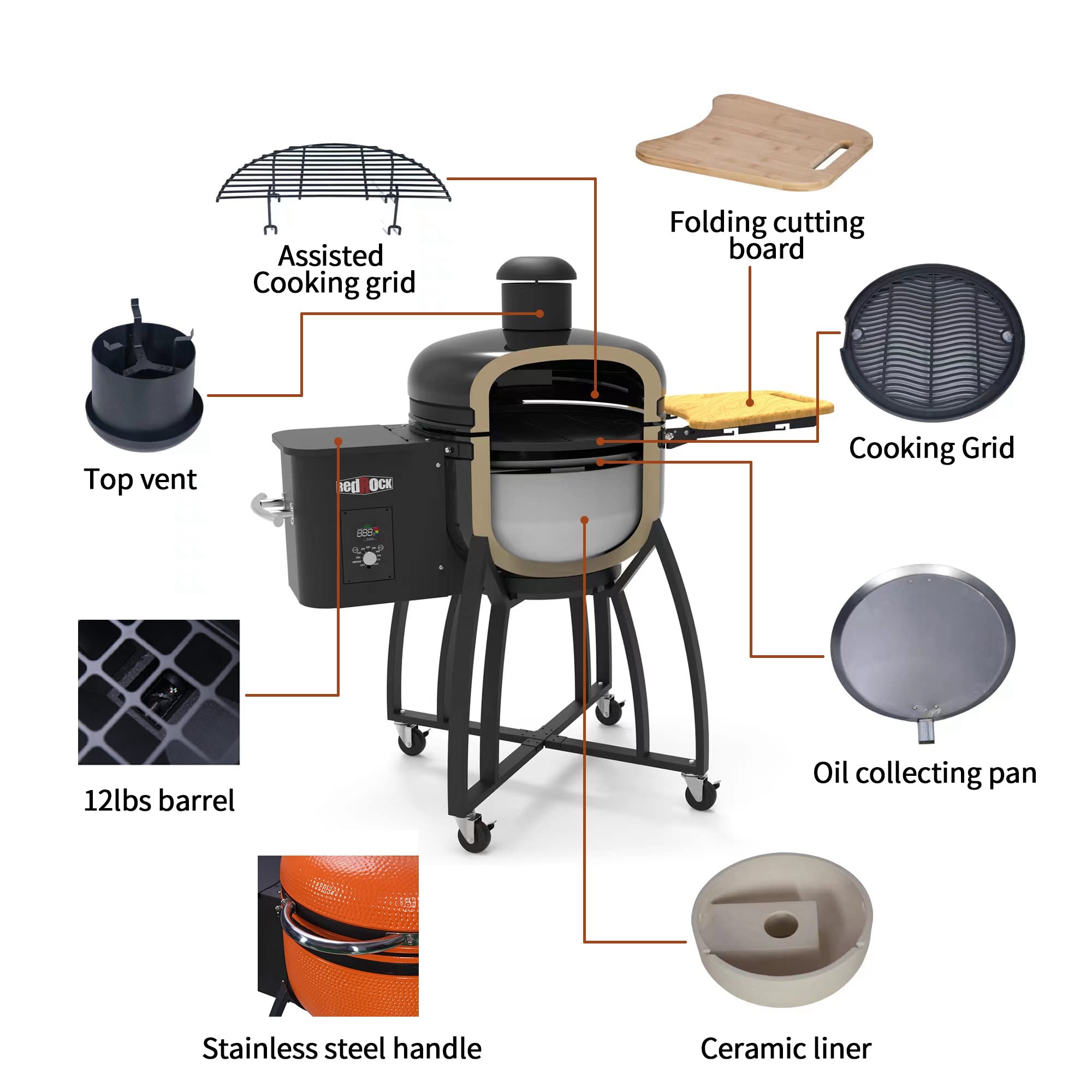 Charcoal Grills 24 "Ceramic Pellet Grill with 19.6" diameter Gridiron Double Ceramic Liner 4-in-1 Smoked Roasted BBQ Pan-roasted for Outdoors Patio (Orange)