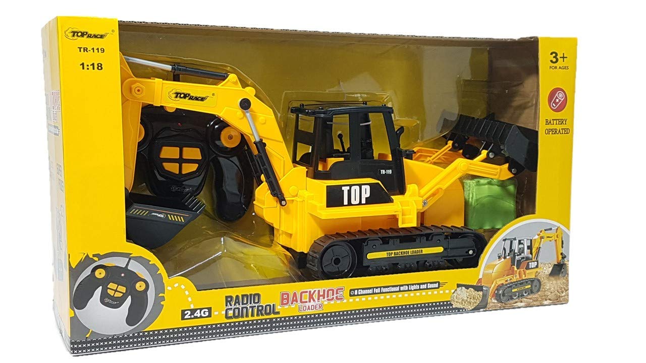 Top Race 8 Channel Full Functional Remote Control Excavator - Backhoe Toys for Boys - Battery Powered Electric RC Remote Control Construction Vehicles with Lights and Sound - for Kids Ages 3 and Up