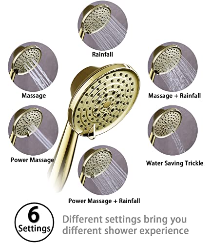 G-Promise Luxury High Pressure 5β Face 6 Setting Detachable Handheld Shower Head with Extra Long Flexible Metal Hose(70β Stretches to 75β), Adjustable Metal Holder, Polished Brass Finish (2.5GPM)