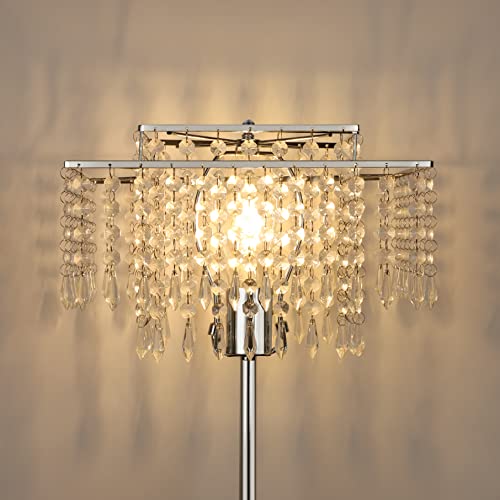 Mlambert Double-Layer Modern Lampshade Crystal Floor Lamp for Bedroom for Livingroom,Elegant Standing Lamp,61.57" Tall Pole Lamp,Suitable for Bedroom,Livingroom,6W LED Bulb Included,Silver