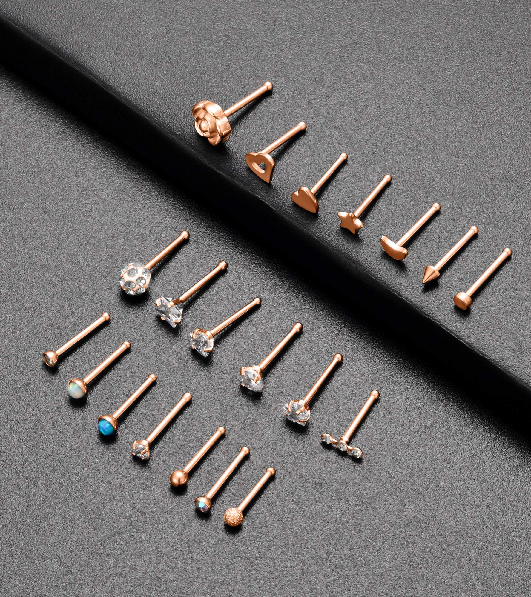 Tornito 20G 20Pcs Nose Ring CZ Nose Stud Retainer Bone Labret Nose Piercing Jewelry Set Stainless Steel Rose Gold Tone