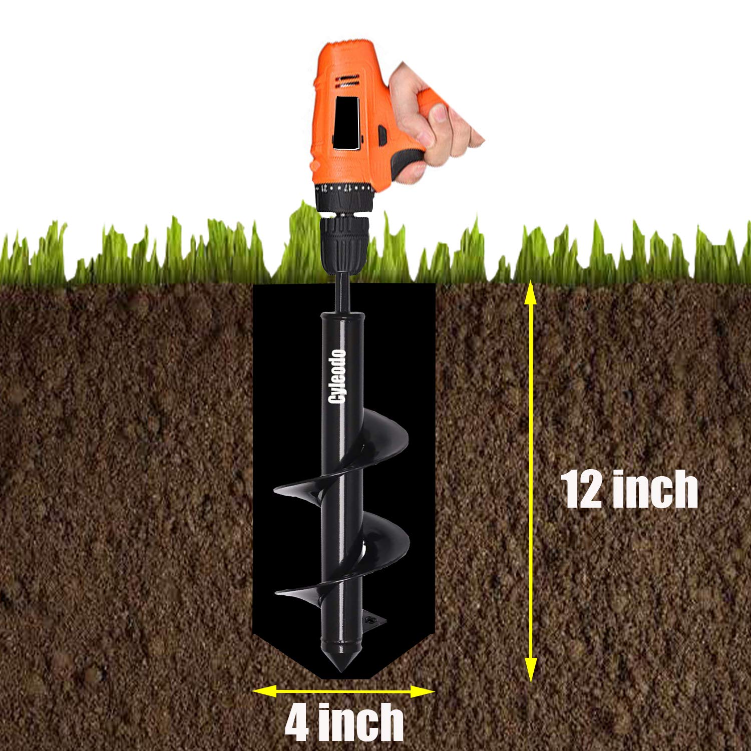 Cyleodo Garden Auger Spiral Drill Bits,4X12” Post Hole Diggers Auger Drill Bit Drill Auger Attachment with Non-Slip 3/8” Hex Drive Drill