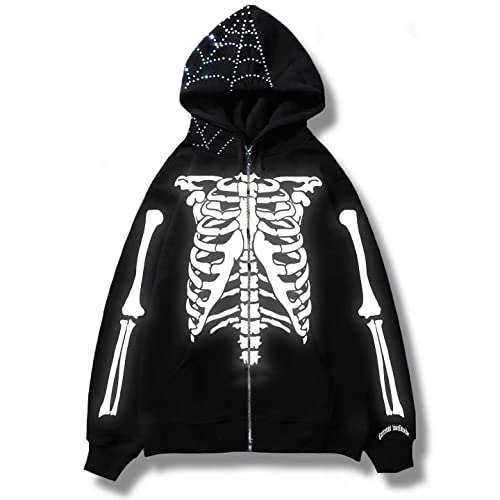HUDENRTV Unisex Skull Skeleton Hoodie Halloween Zip Up Hoodie for Women Streetwear Oversized Graphic Hoodie Coat Y2K Jackets (1,M)