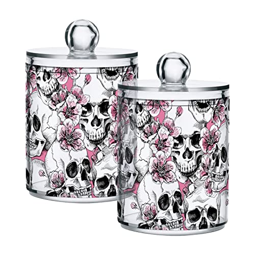 MNSRUU 2 Pack Qtip Holder Organizer Dispenser Pink Floral Skull Bathroom Storage Canister Cotton Ball Holder Bathroom Containers for Cotton Swabs/Pads/Floss
