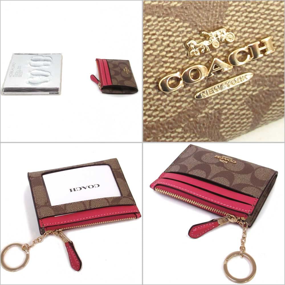 Coach Mini Skinny ID Key ring Coin Case Signature Wallet Khaki Strawberry Haze F88208