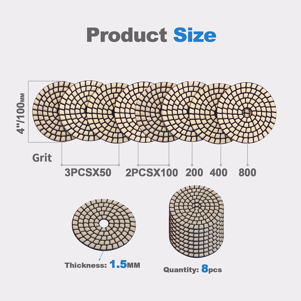 Dry Diamond Polishing Pads - 8pcs 4 inch (#50x3,#100x2,#200x1,#400x1,#800x1) Sanding Pads Kit for Granite Marble Ceramic Used on Angle Grinder or Polisher