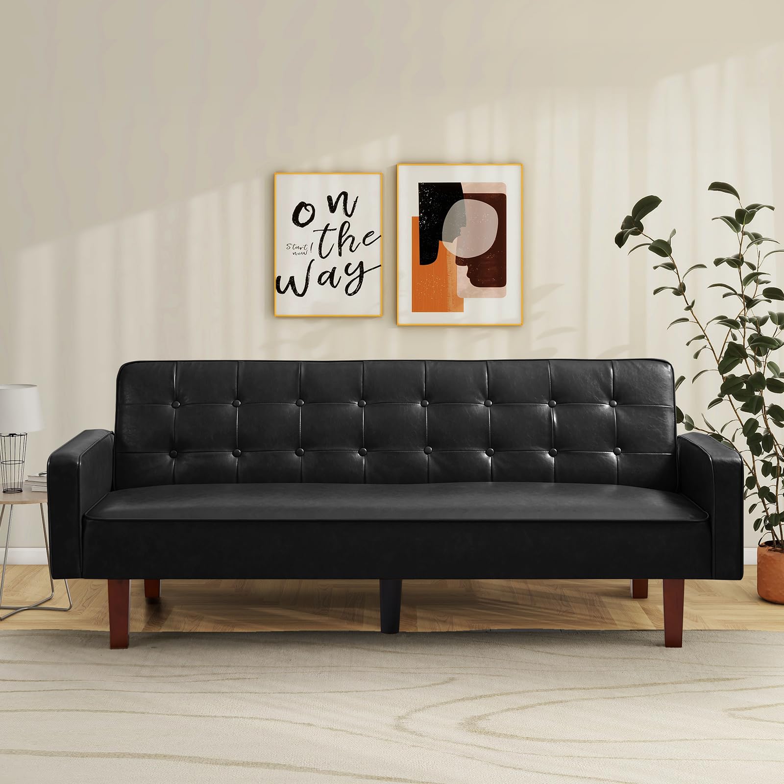IULULU Futon Sofa Bed, Modern Convertible Faux Leather Sleeper Couch with Armrests for Studio, Office, Apartment, Compact Living, Game Room, Overnight Guests, Retro Black
