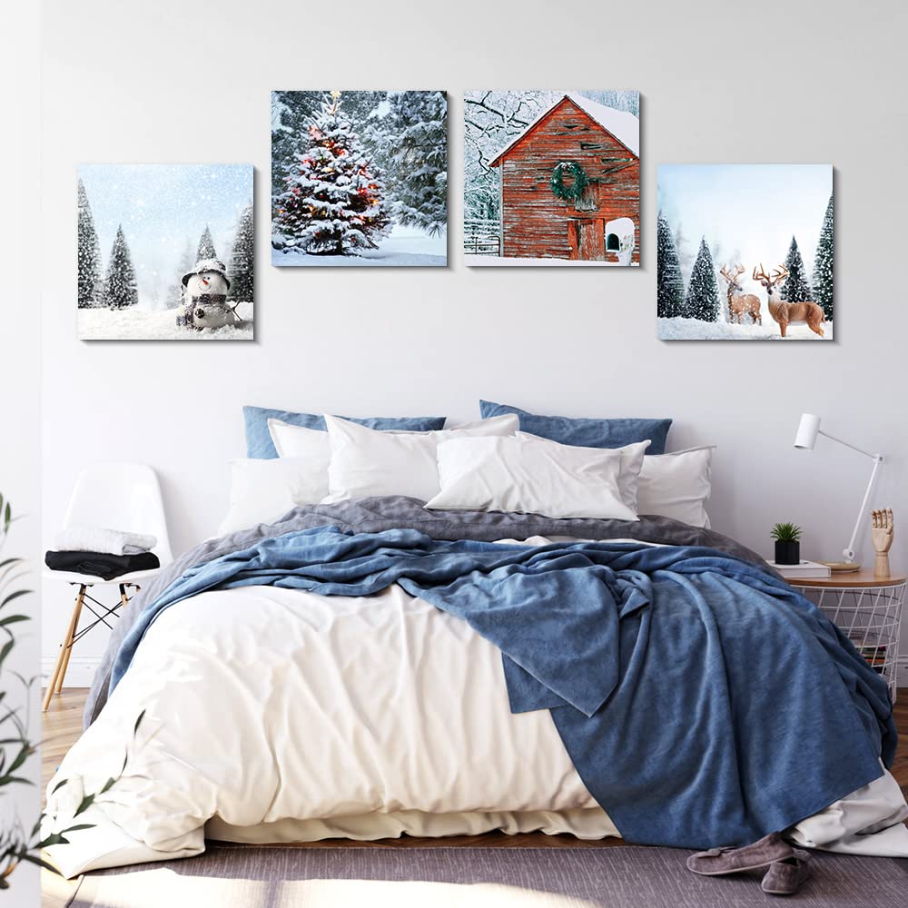 Christmas Canvas Wall Art Snowy Scenery Red Cottage Cute Snowman Canvas Prints for Living Room Kitchen Bathroom Home 12x12 Inches