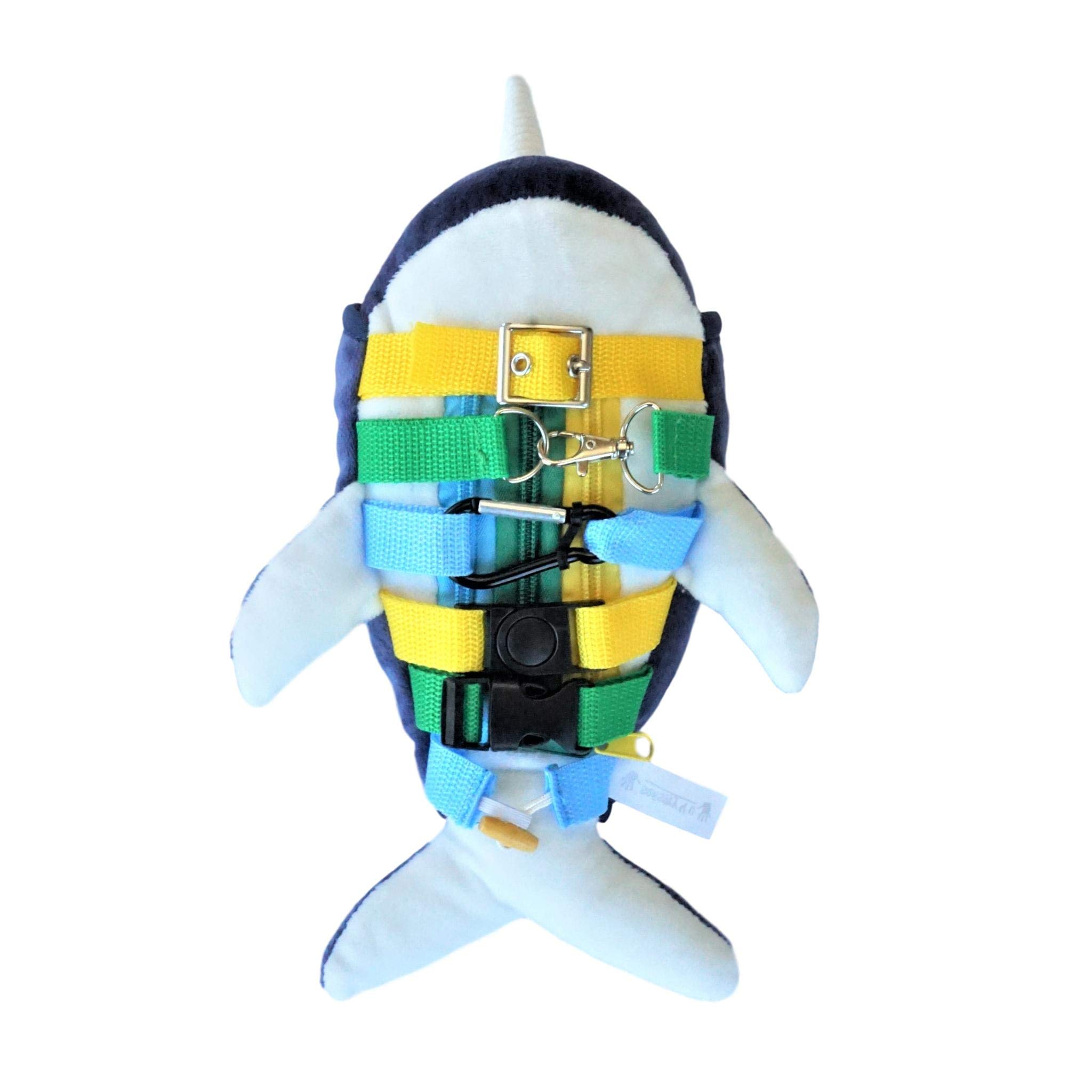 SENSORY4U Buckle Pillow Sensory Narwhal Stuffed Animal Fine Motor Development Toy Activity Plushie - Counting Sorting Zipper Skills Marble Maze Toy