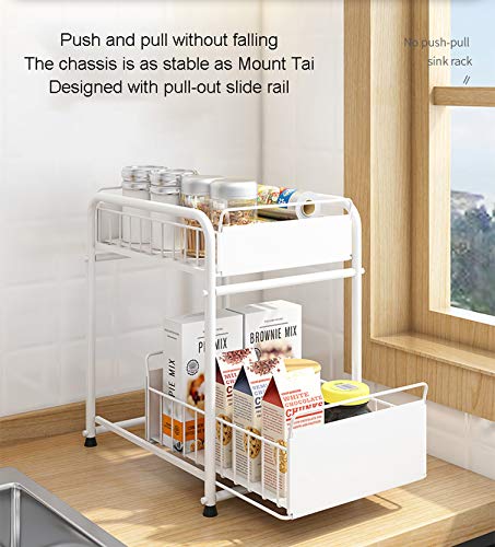 LEAYAN Multifunctional Under Sink Storage Metal Storage Drawer,Telescopic Sliding Drawer,Sliding Rack with Spice Dividers,Shower,Pantry,Kitchen,Bathroom,Under Sink Rack Shelf, White Short Large