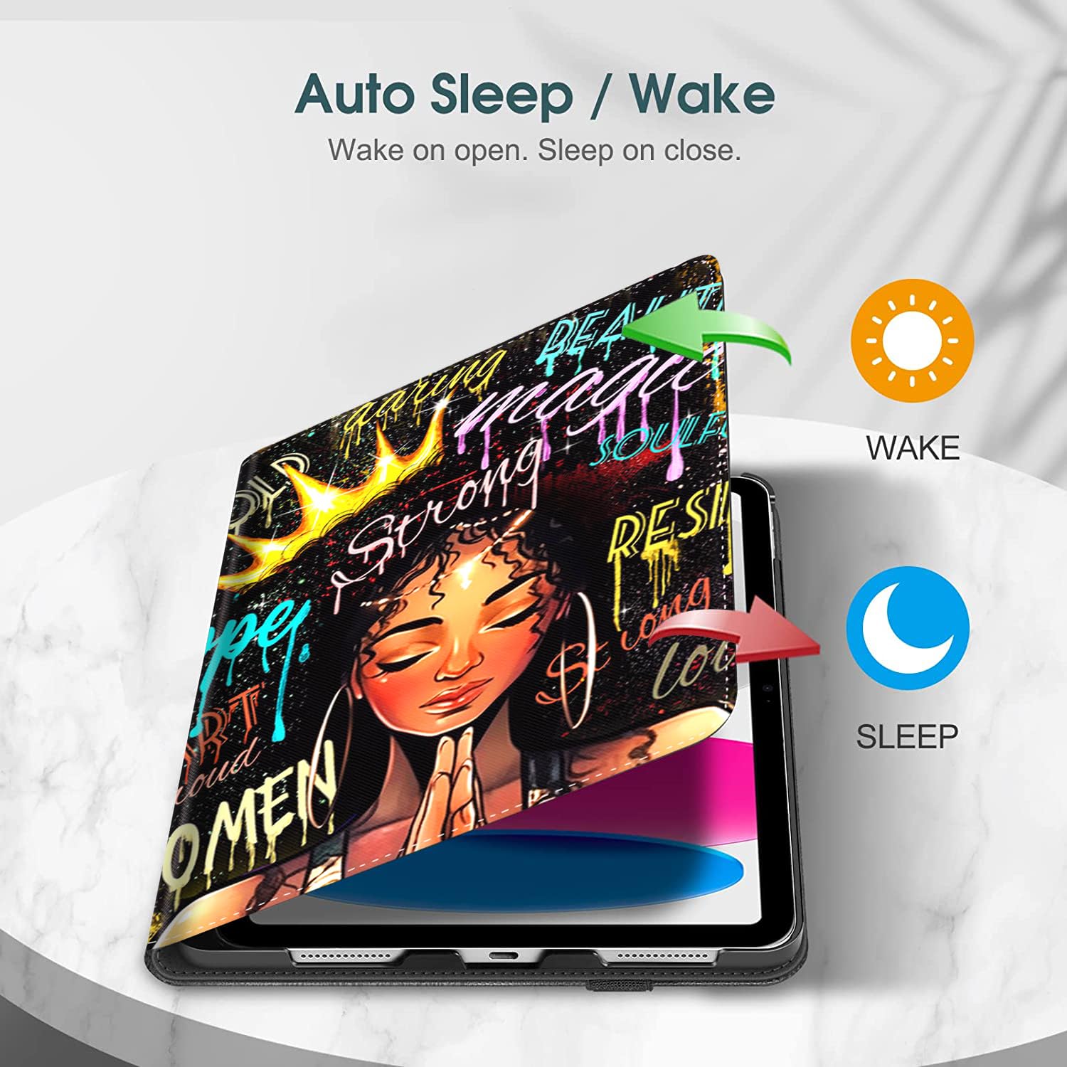 Case for iPad Pro 11 Inch 4th/3rd/2nd/1st Generation 2022/2021/2020/2018, Multi-Angle Smart Stand Cover Auto Sleep/Wake Fit iPad Air 4/5,African American Women Graffiti Afro Black Girl with Crown