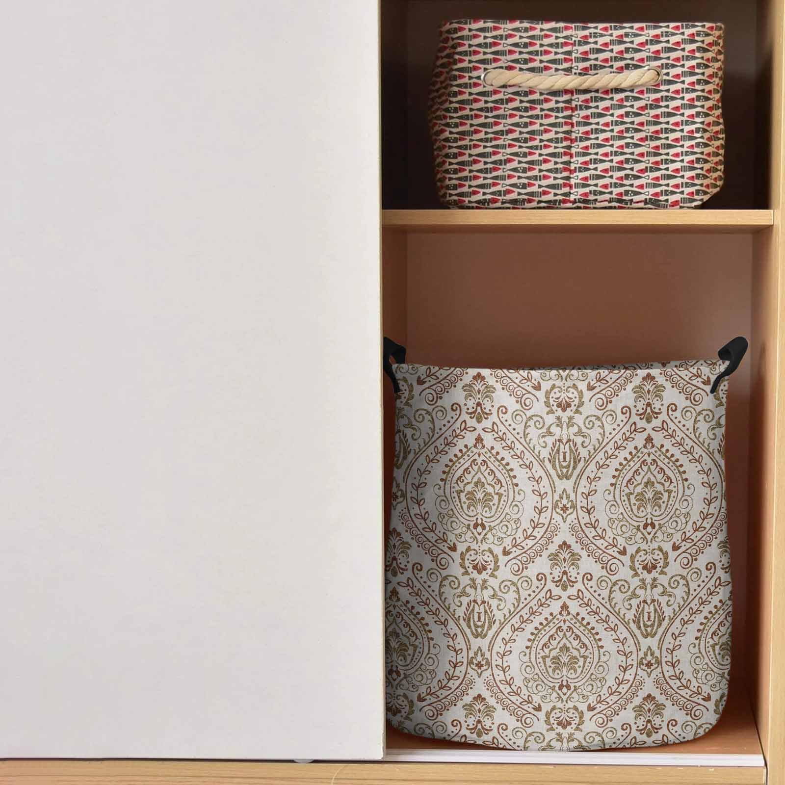 European Floral Laundry Basket Collapsible Bag with Easy Carry Handles, Large Waterproof Foldable Freestanding Hamper, Folding Washing Bin Clothes Storage Round Vintage Style Antique Bohemia Beige