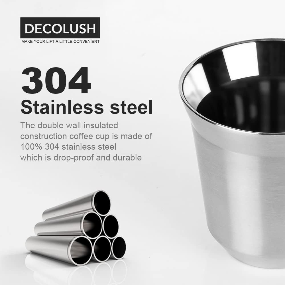 DECOLUSH 80mL (2.7 Ounce) Stainless Steel Espresso Cups - 2 Pack Double Wall Insulated Cups Demitasse Cups Coffee Cup For Drinking, Drinking Coffee, Drinking Beverages (Stainless)