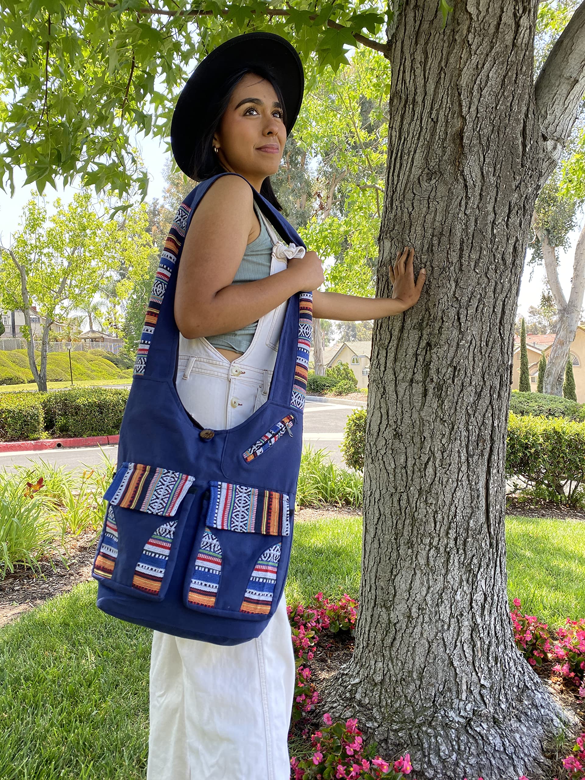 Navy Blue Cross Body Shoulder Bag with Woven Tribal Accent Design Large