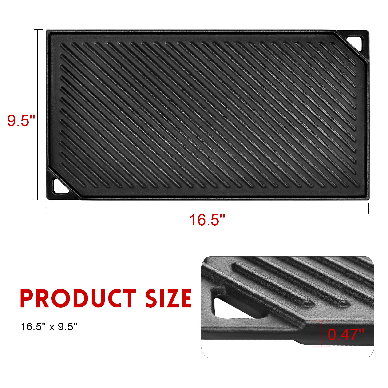 GGC Cast Iron Griddle, Reversible Flat Top Griddle for Gas Grills, Stove Tops, and Outdoor Cooking, 16.5 x 9.5 Baking Flat and Ribbed Griddle Plate for Family Cooking
