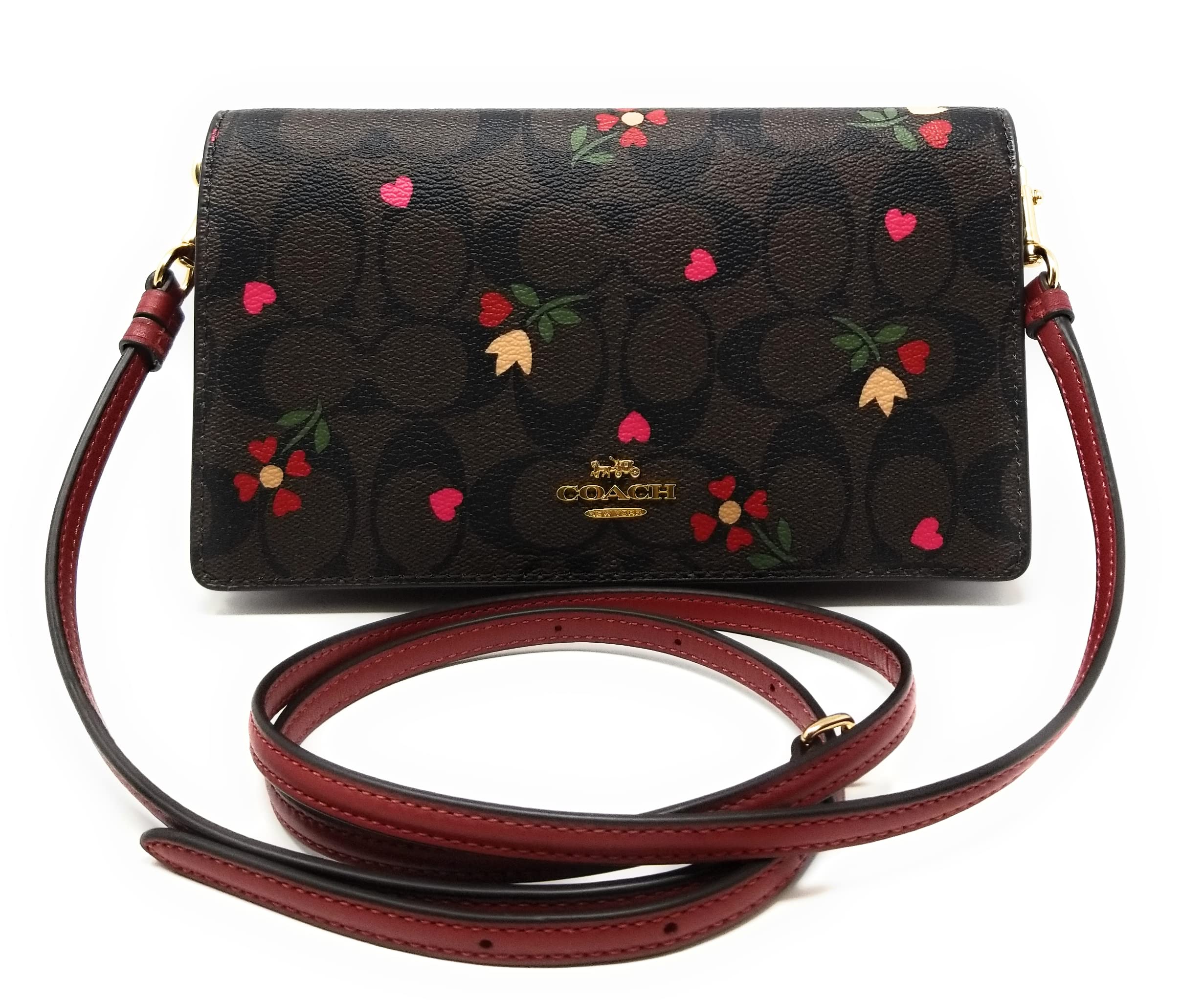 Coach Womens Anna Foldover Crossbody Clutch (Signature Canvas - Heart Petal Print - Brown Multi)