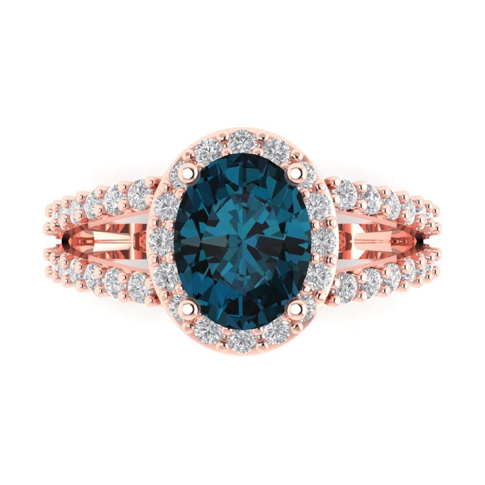 Clara Pucci 2.18ct Oval Cut Solitaire Halo split shank Royal Blue Topaz Designer Wedding Bridal art deco Anniversary Ring 14k Rose Gold