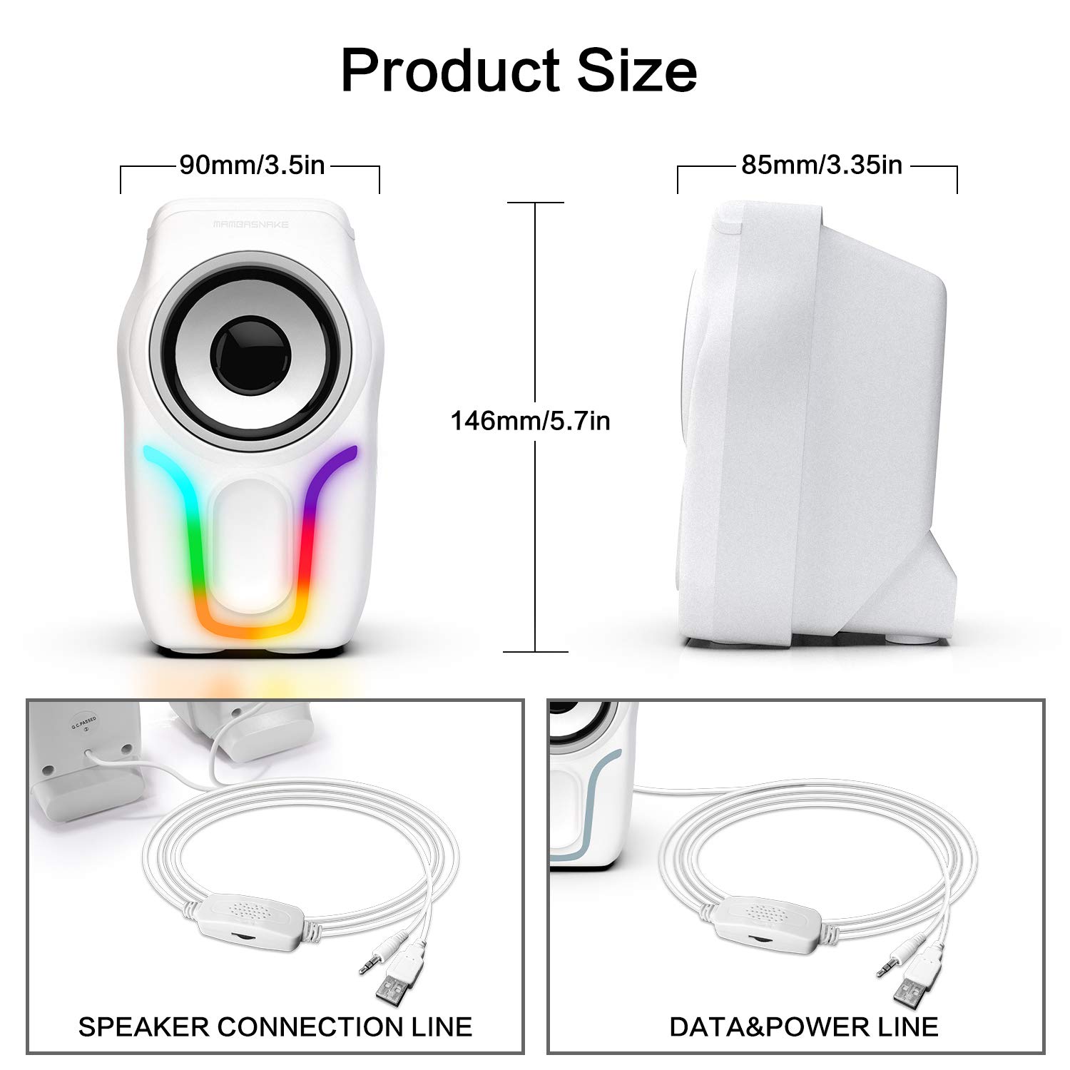 Computer Speakers,2.0 Stereo Volume Control Gaming Speakers with Surround Sound,6 RGB LED Backlit Effect,USB Powered Wired Laptop Speakers with 3.5mm for Desktop Computer/PC/Laptops(White)