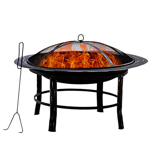 Fire Pit 28 Inch Outdoor Wood Burning BBQ Grill Firepit Bowl for Camping Picnic Bonfire Patio Backyard Garden Beaches Park with Carry Bag,Mesh Spark Screen Cover,Log Grate,Black