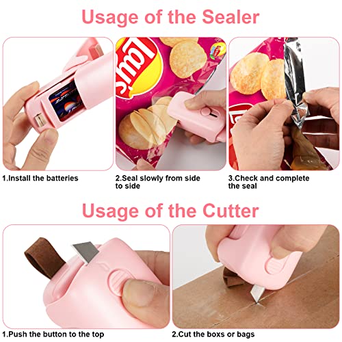 Mini Bag Sealer, Kenossion Chip Bag Sealer - Bag Sealer Heat Seal with Cutter & Magnet, Portable Mini Sealing Machine to Reseal Plastic Bags & Keep Snacks Fresh-Pink (2xAA Batteries Included)