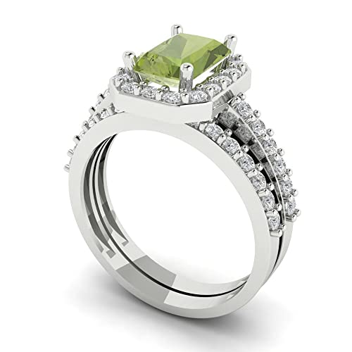 Clara Pucci 2.20ct Emerald Cut Halo Solitaire Natural Peridot Engagement Promise Anniversary Bridal Ring Band set 18K White Gold 9