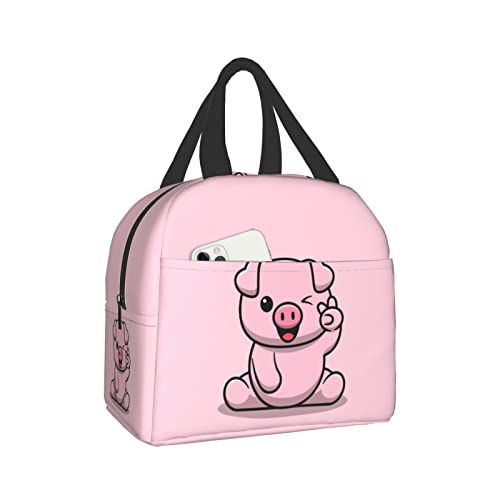 Cute Pig Is Sitting With Two Finger Lunch Box Reusable Lunch Bag for Travel Picnic Shopping work Food Container for Women Men Adults