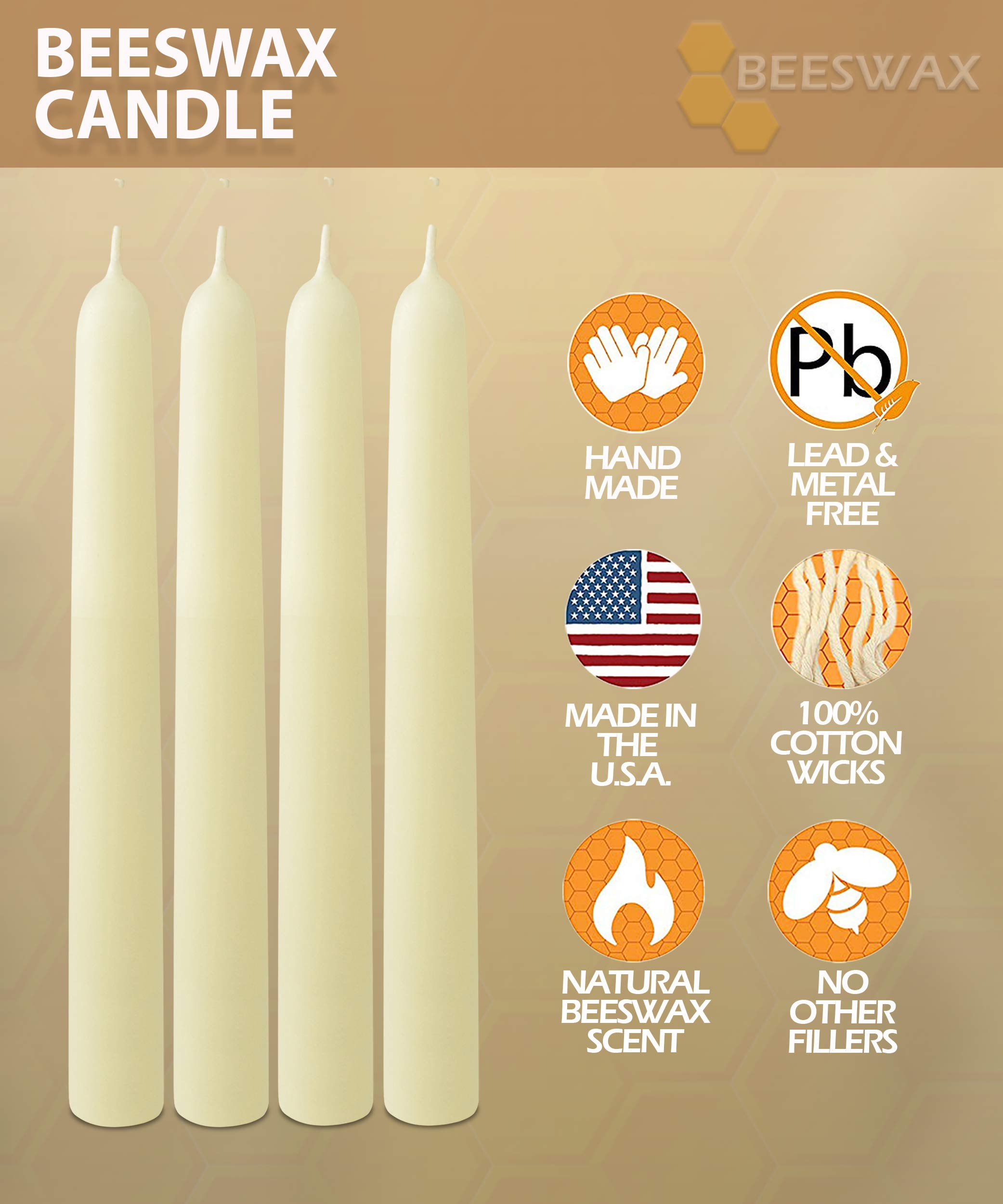 Hyoola 6" Beeswax Taper Candles - 6 Hour Burn Time - White Beeswax Candles - 4 Pack