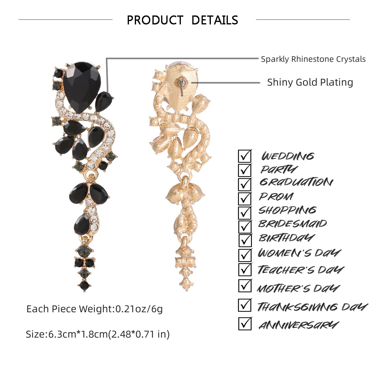 Black Rhinestone Statement Drop Dangle Earrings Dangling Sparkly Crystal Bridal Bridesmaid Wedding Earrings Long Chandelier Teardrop Earrings for Women Prom Party